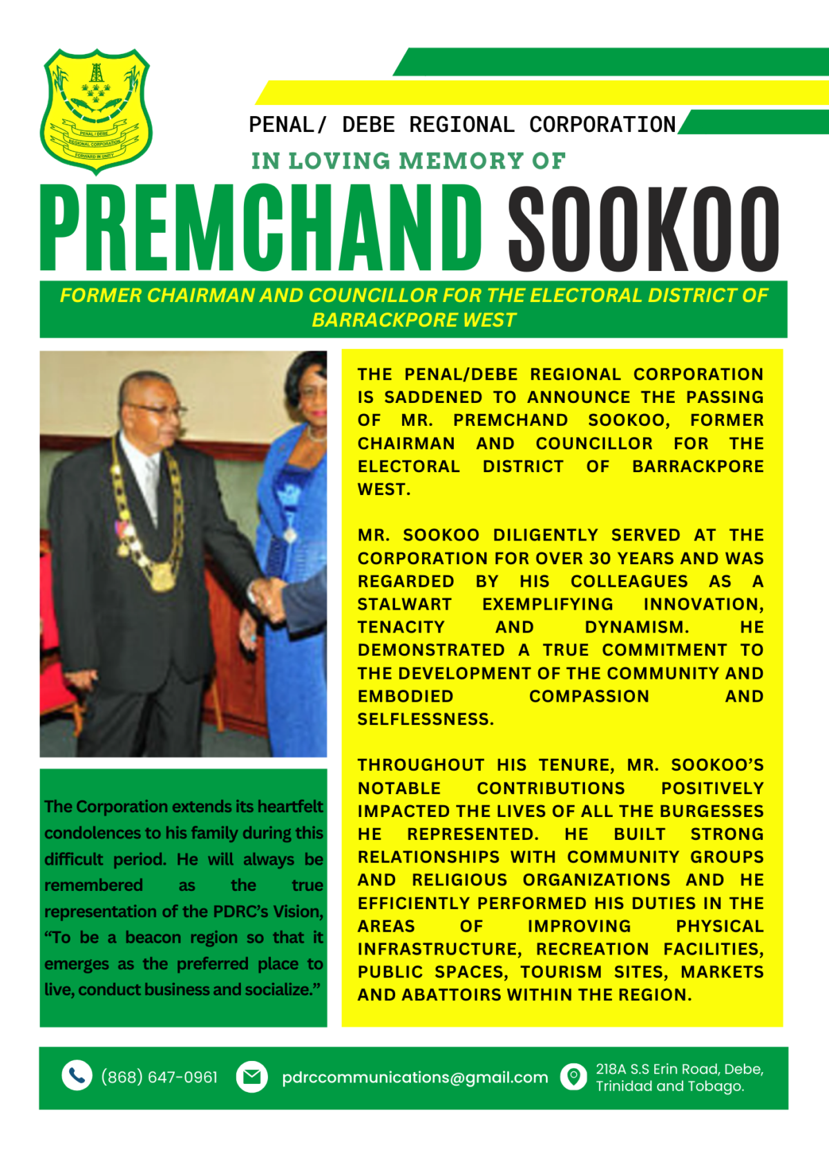 Passing of Former Chairman: Premchand Sookoo – Penal Debe Regional ...