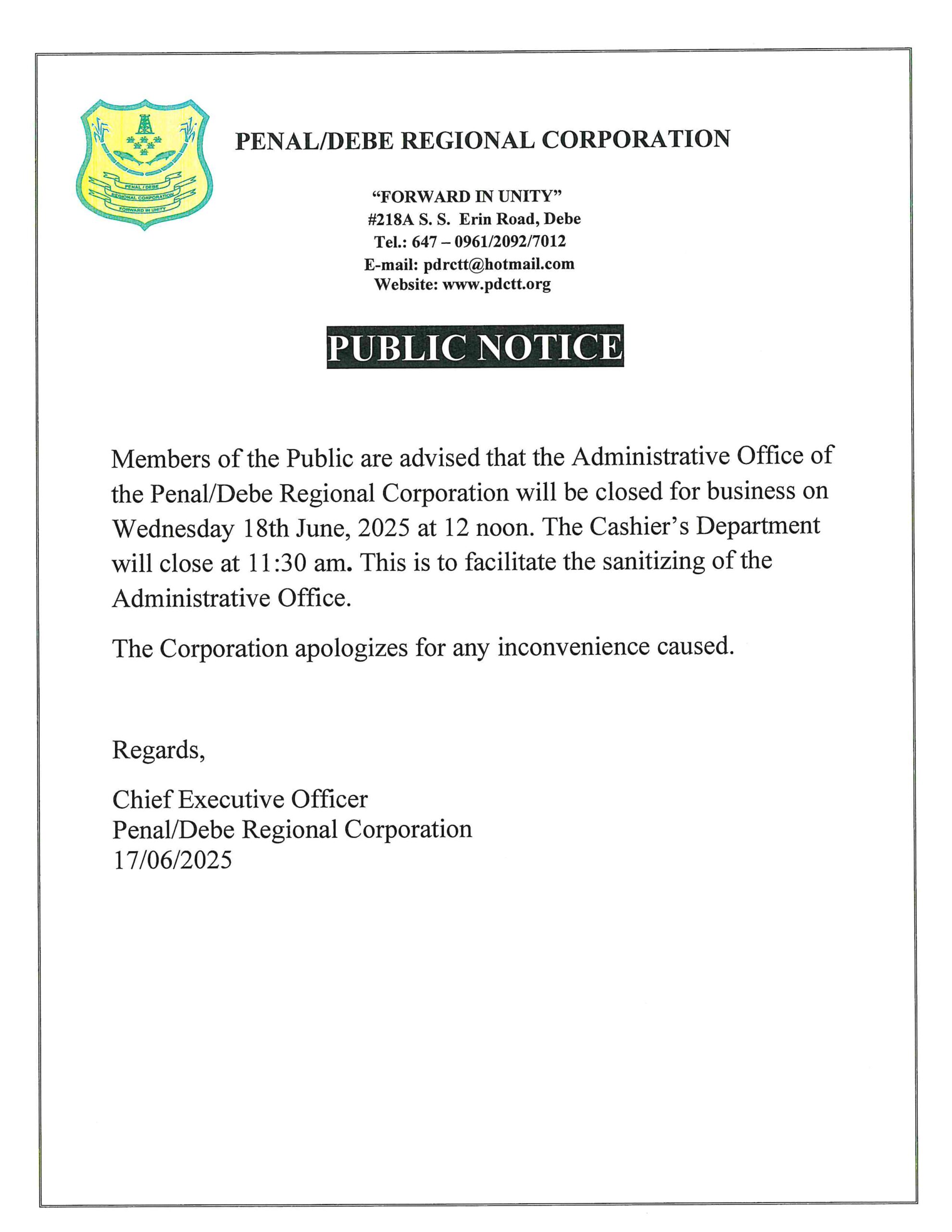 Public Notice – Penal Debe Regional Corporation