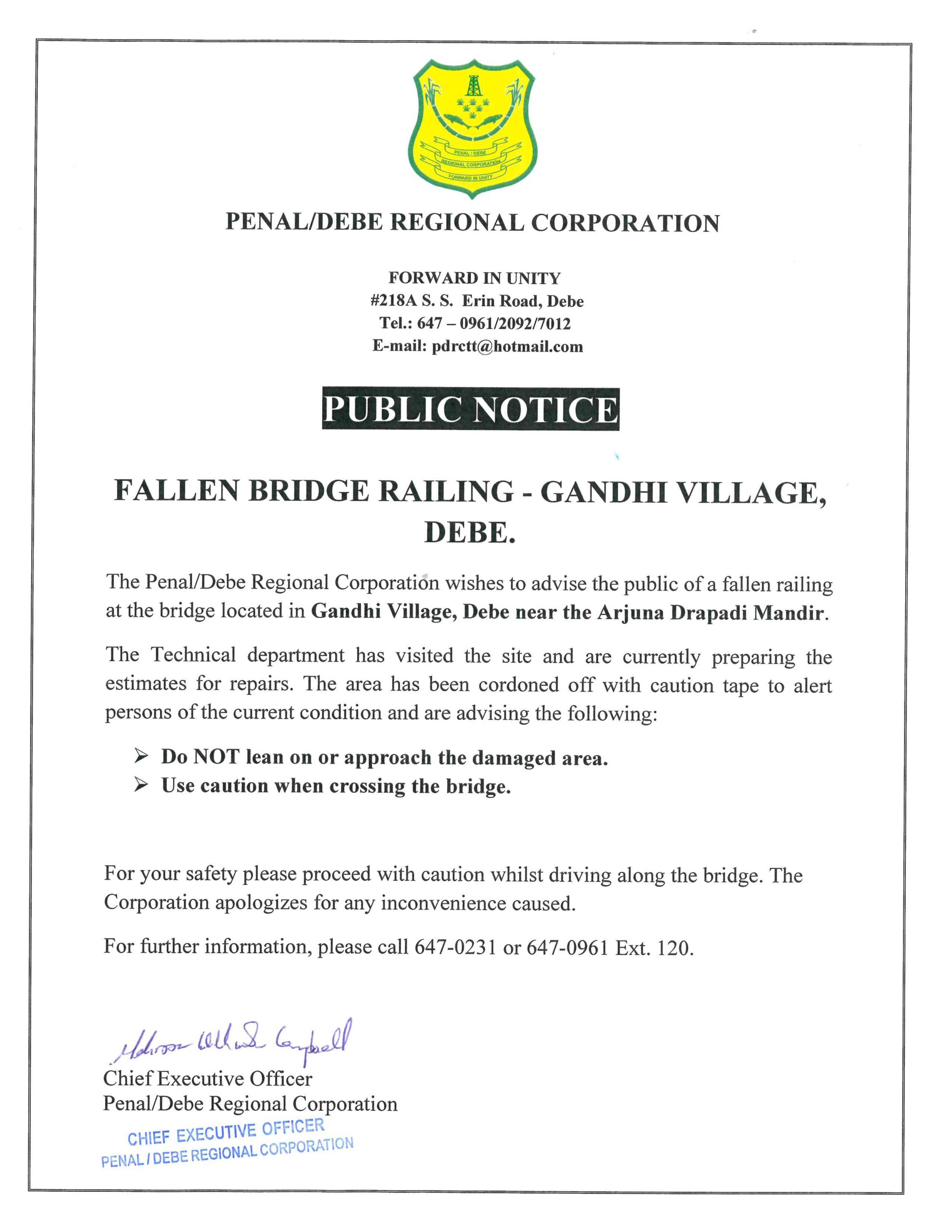 Public Notice – Penal Debe Regional Corporation